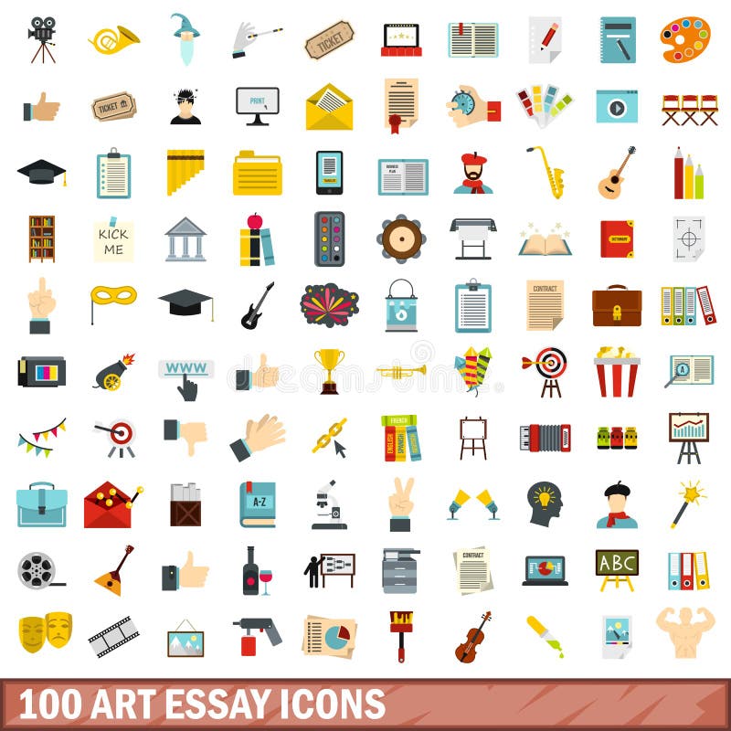 100 Art Essay Icons Set, Flat Style Stock Vector - Illustration of ...