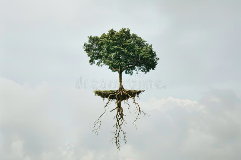 An Ethereal Sight a Tree with Roots Suspended in the Sky Stock Image ...