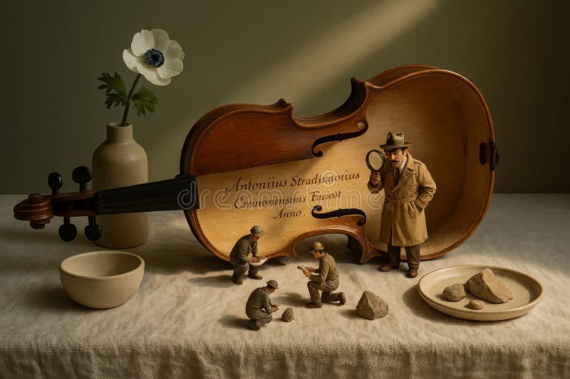 Art Experts and Detectives Inspecting a Stradivarius Violin with ...
