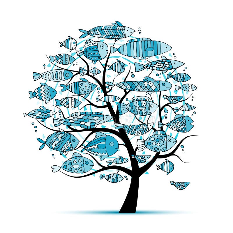 Underwater Tree with Funny Fishes for Your Design Stock Vector ...