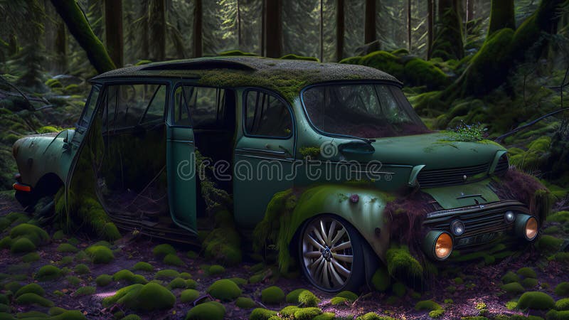 Cars Covered with Moss are Abandoned in the Rainforest Stock ...