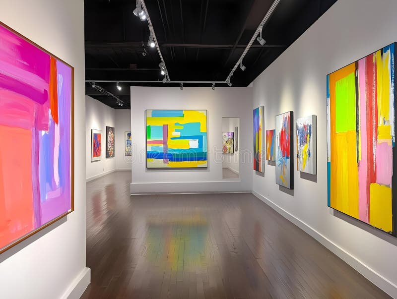 An Art Gallery with Colorful Abstract Paintings, Bright and Modern with ...