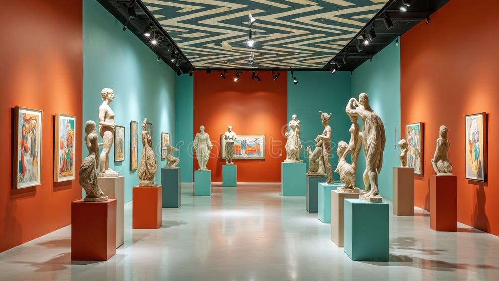 Art Gallery Exhibit with Classical Sculptures and Colorful Abstract ...
