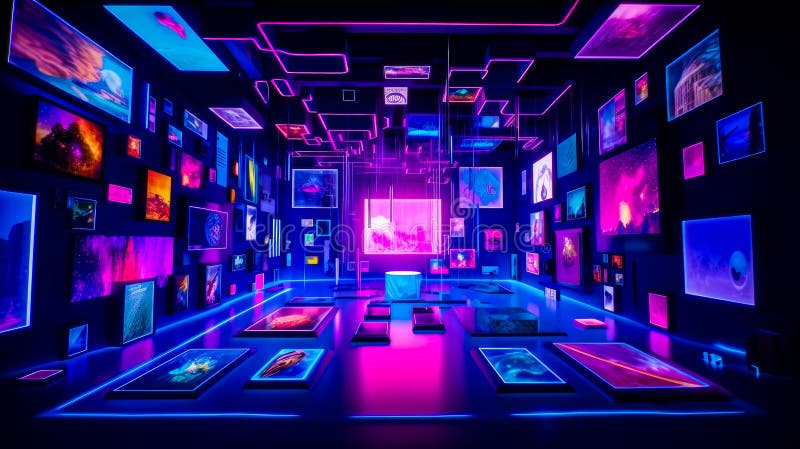 An Art Gallery with Neon Lights in the Dark. Generative AI Stock ...