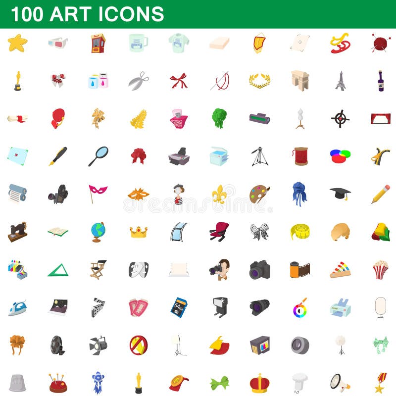 100 Art Icons Set, Cartoon Style Stock Vector - Illustration of brush ...