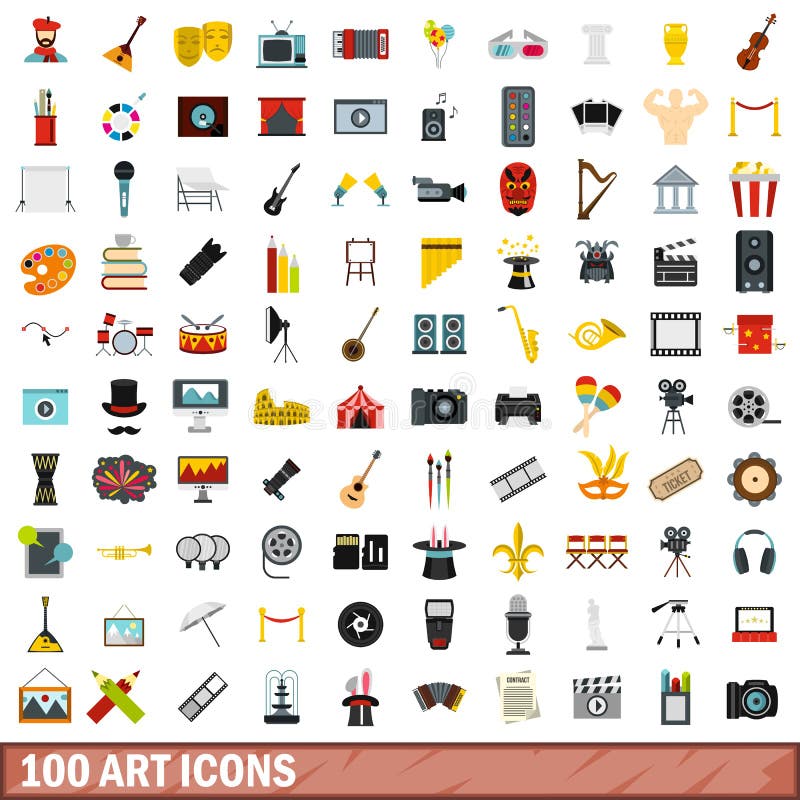 100 Art Icons Set, Flat Style Stock Vector - Illustration of accordion ...