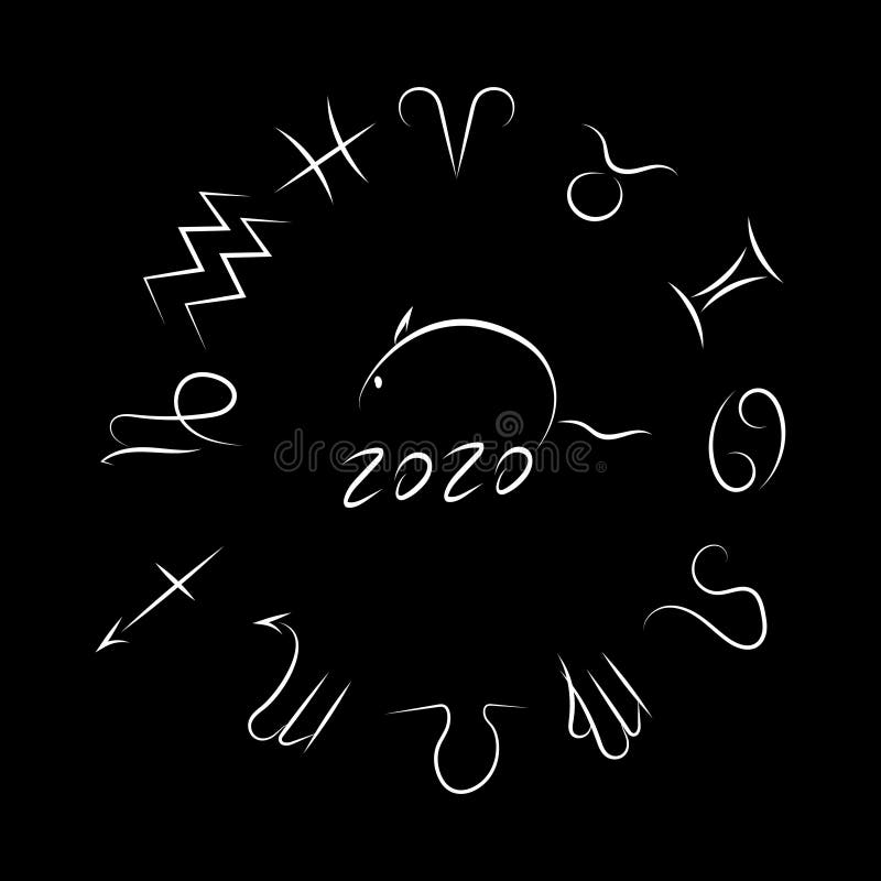 Doodle of 2020 Chinese New Year Mouse Symbol and Zodiac Signs on Black ...