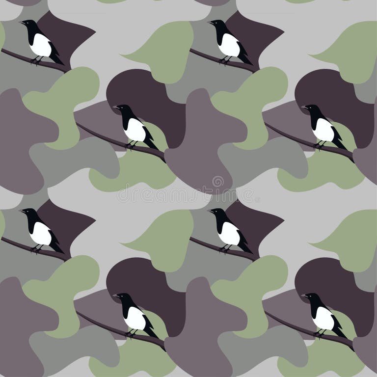 Seamless Pattern Magpie Bird Stock Vector - Illustration of beak, wing ...