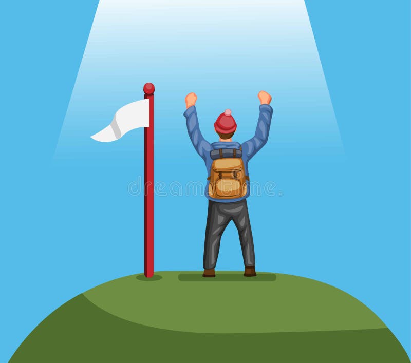 Backpacker Hiking Climbing Reach on Top Mountain with Flag, Outdoor ...