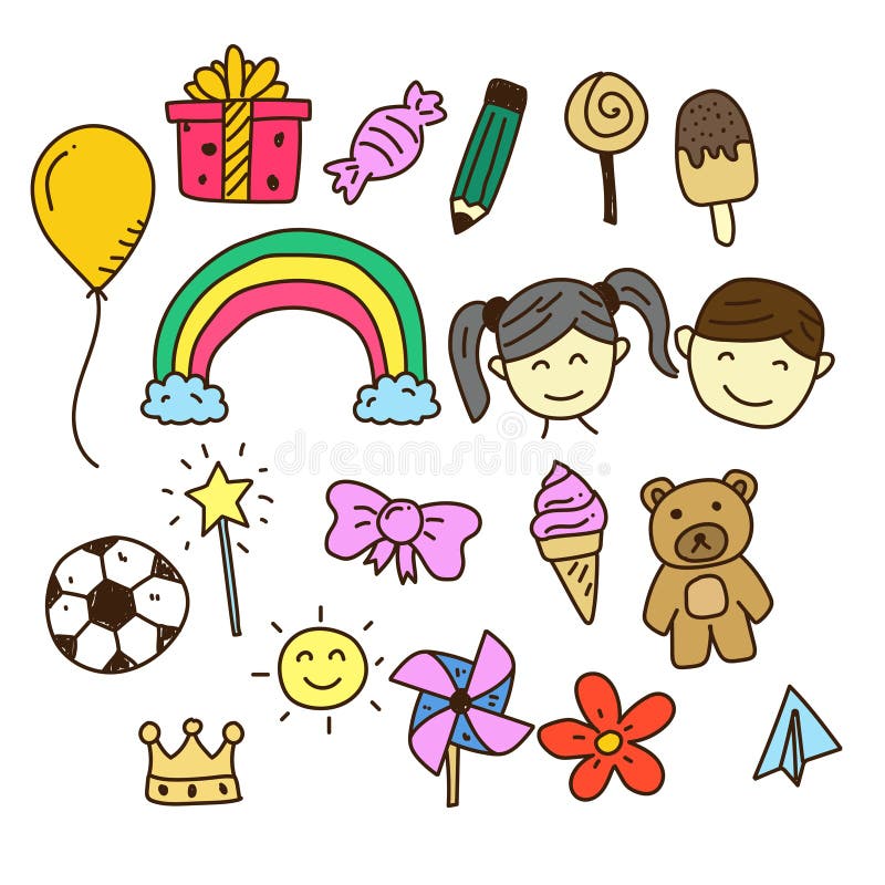 Boy Childhood Doodle With Ball, Toys And Clothes. Kids Stickers, Badges ...