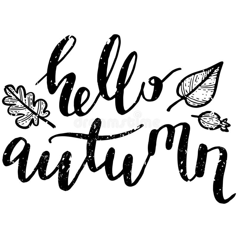 Hello Autumn Calligraphy Text with Fall Leaves. Black and White Autumn ...