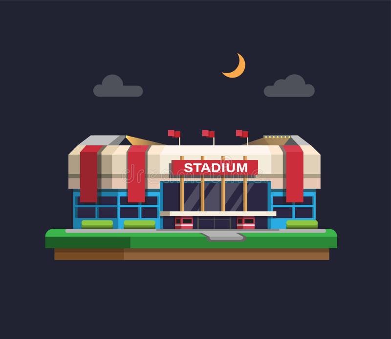 Arena Sport Stadium Building in Night Concept in Flat Cartoon ...