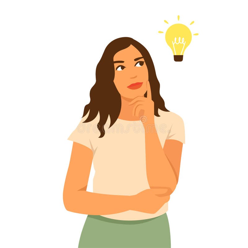 Cartoon Young Standing Woman Thinking with Thinking Bulb Stock Vector ...