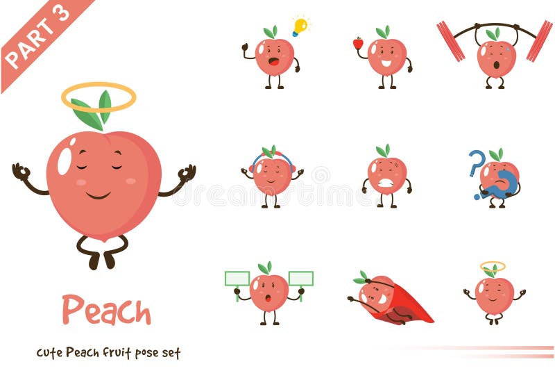 Cartoon Illustration of Peach Fruit Poses Set. Stock Vector ...