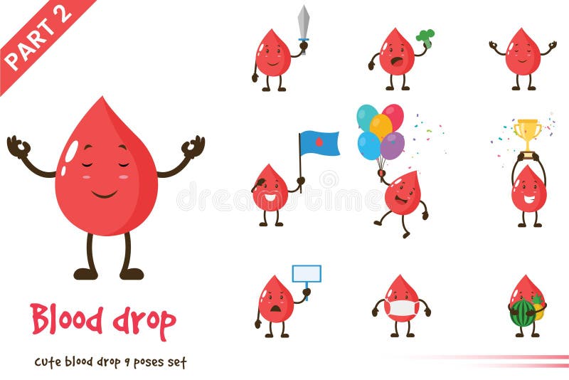 Cartoon Illustration of Cute Blood Drop Poses Set. Stock Vector ...