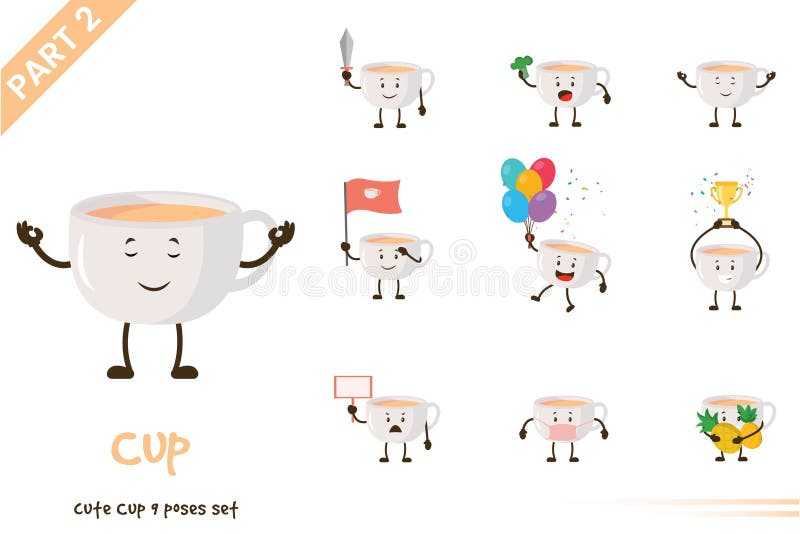 Cartoon Illustration of Cute Cup Poses Set. Stock Vector - Illustration ...