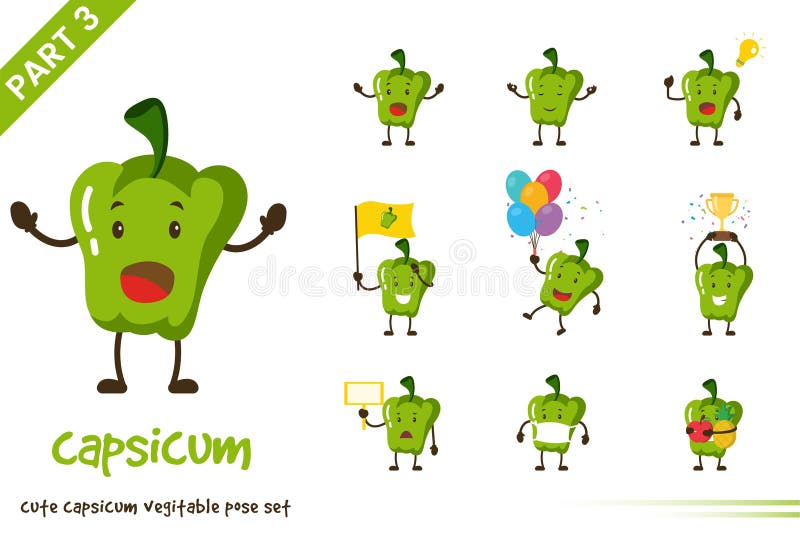 Cartoon Illustration of Cute Capsicum Vegetable Poses Set. Stock Vector ...