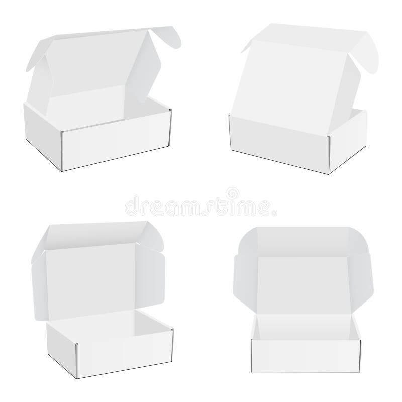Set of Square Mailing Cardboard Boxes with Opened Lid, Front, Side ...