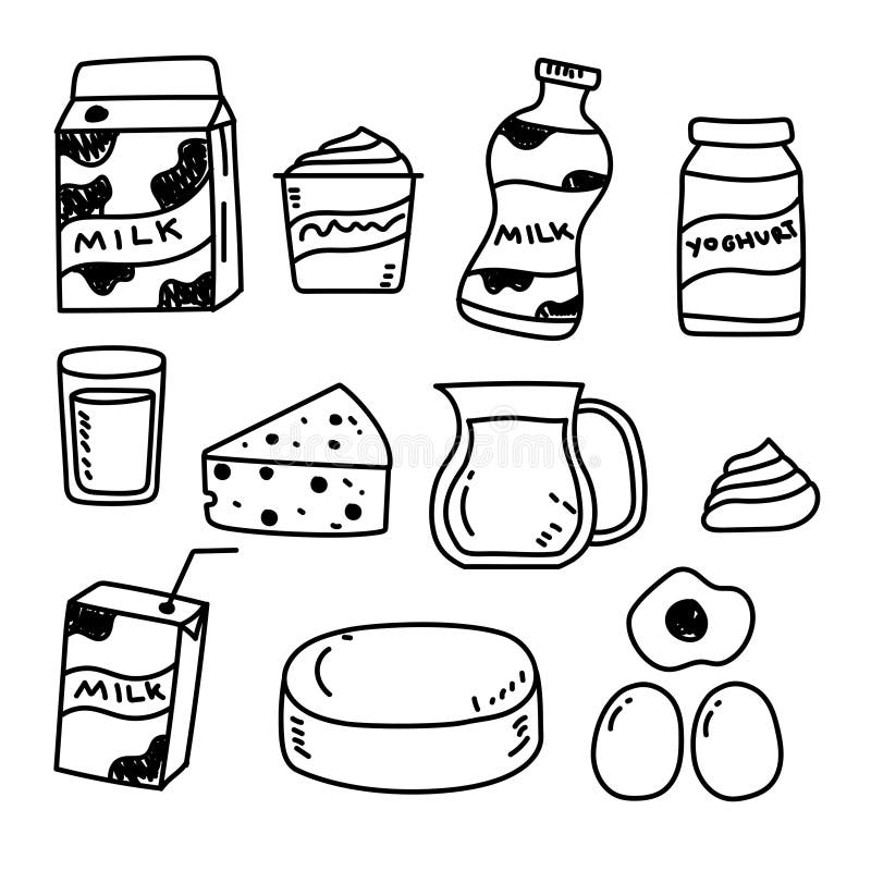 A Set of Dairy Doodle Icons. Round and Sliced Cheeses, Maasdam, Curd ...