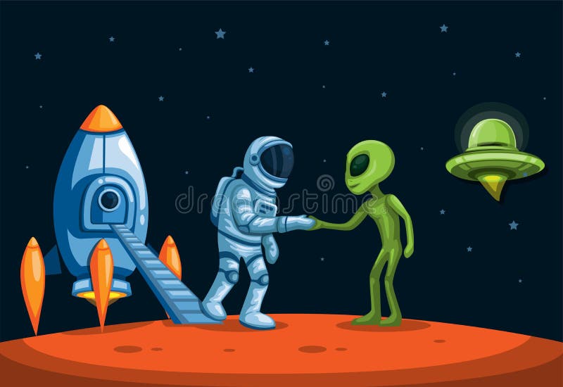 Astronaut Landing on Planet Greeting and Handshake with Alien Concept ...