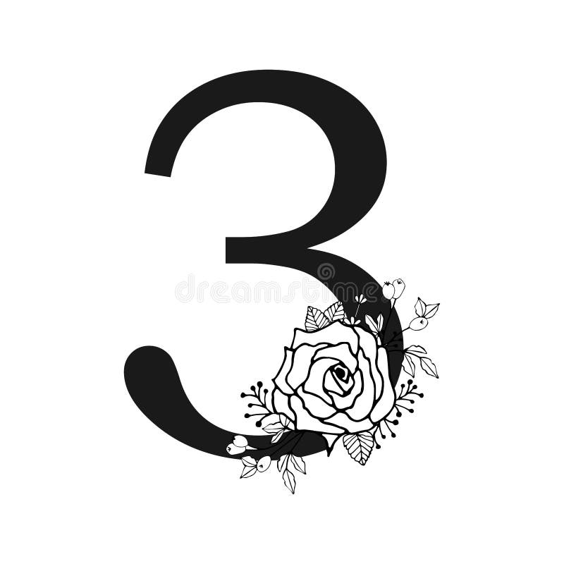Hand Drawn Floral Number Three Monogram and Logo Design in Doodle Style ...