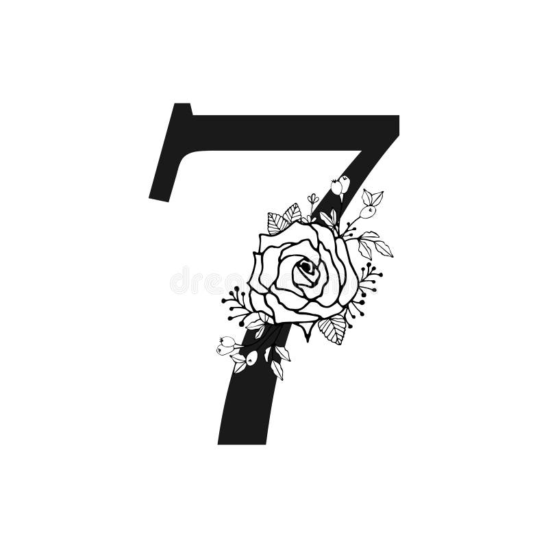 Hand Drawn Floral Number Seven Monogram and Logo Design in Doodle Style ...