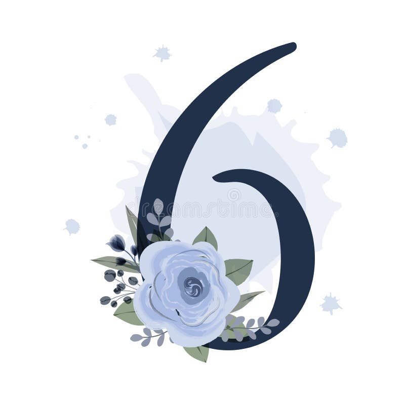 Number Six Decorated Royal Blue Rose with Leaves and Watercolor Splash ...