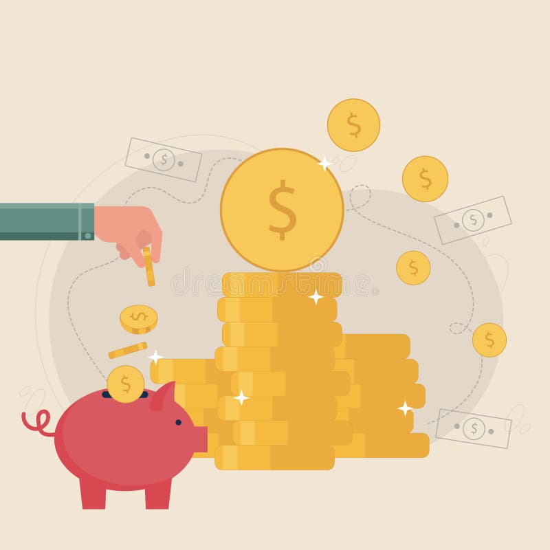 Hand Throws Gold Coins into Piggy Bank. Stack of Coins. Money Save ...