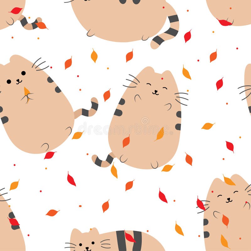 Cute Happy Cats with Autumn Leaves Seamless Pattern.Cozy Autumn Design ...