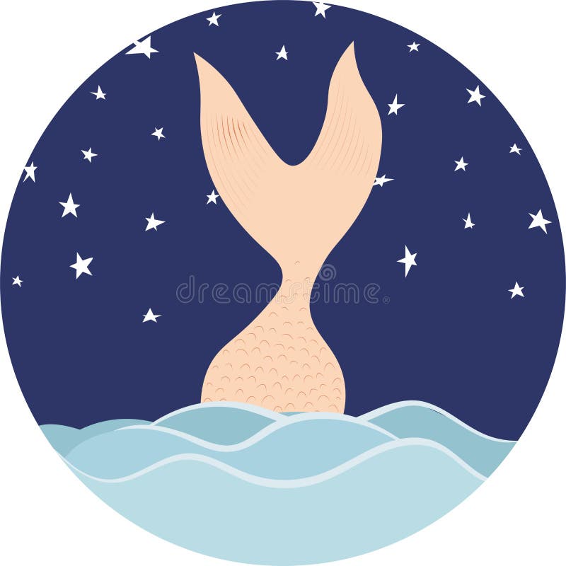 Night Sky with Hand Drawn Stars and Cute Mermaid Tale in Ocean. Stock ...