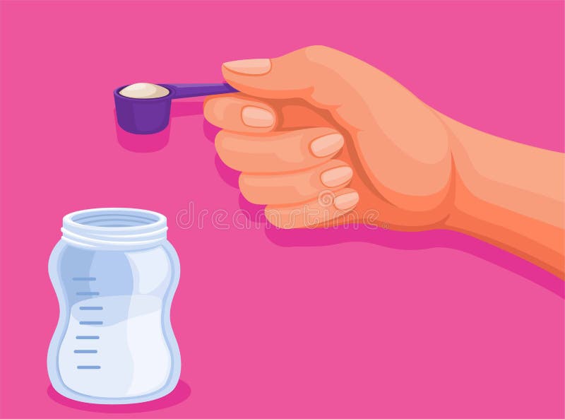 Hand Holding Spoon Milk Powder To Bottle. Baby Milk Symbol Cartoon ...