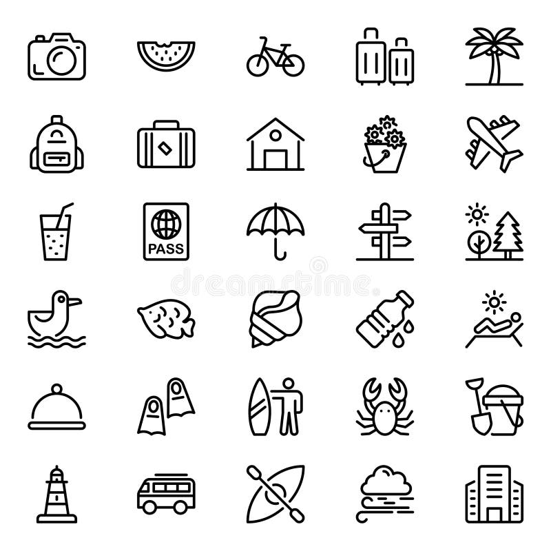 Outline icons for summer. stock illustration. Illustration of sunbed ...