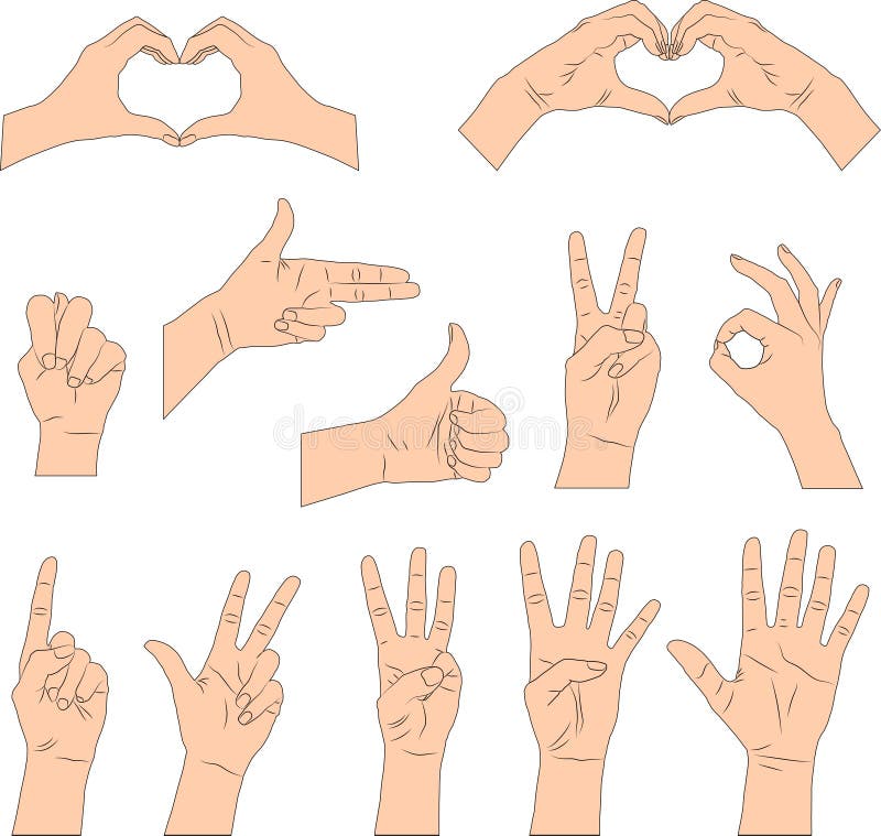 Vector Illustration of Hands Showing Various Gestures and Symbols ...