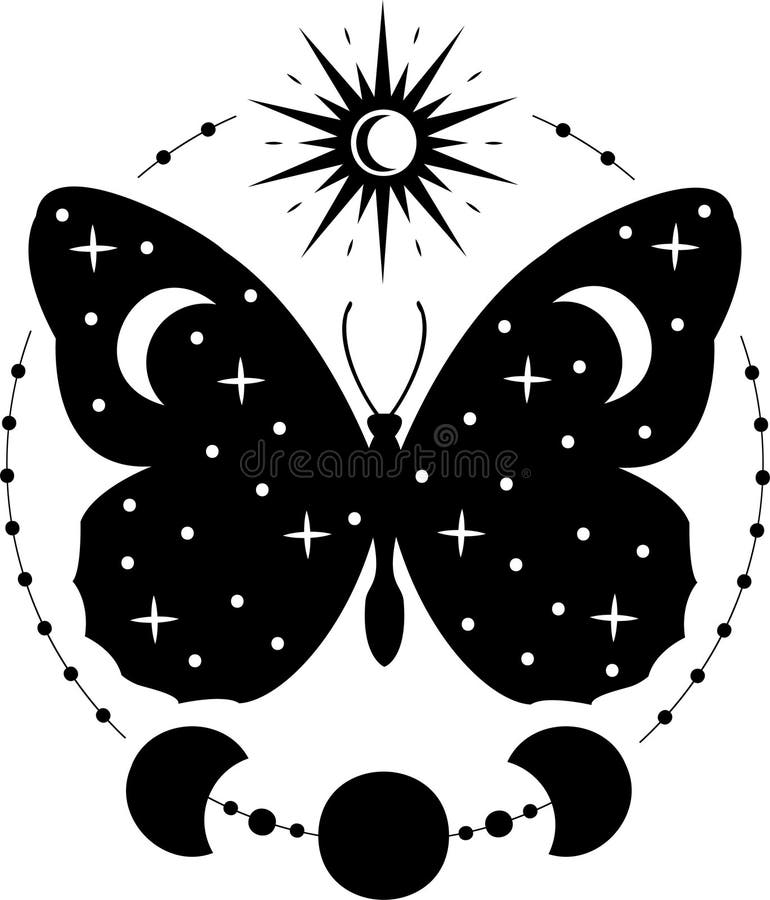 Mystical Butterfly with Sun, Moon and Stars Stock Illustration ...