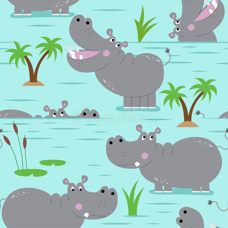 Hippopotamus Pattern Design with Several Hippos - Funny Hand Drawn ...
