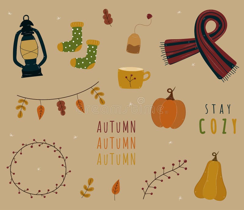 Autumn Set of Hand Drawn Cozy Elements. Stock Vector - Illustration of ...