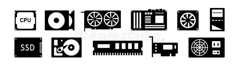 Computer Parts. Accessories. Black Icons Isolated on White Background ...
