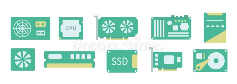 Computer Parts. Accessories. Colored Icons Isolated on White Background ...