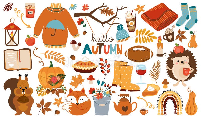 Hello Autumn - Cute Animal Characters and Garden Elements. Stock Vector ...