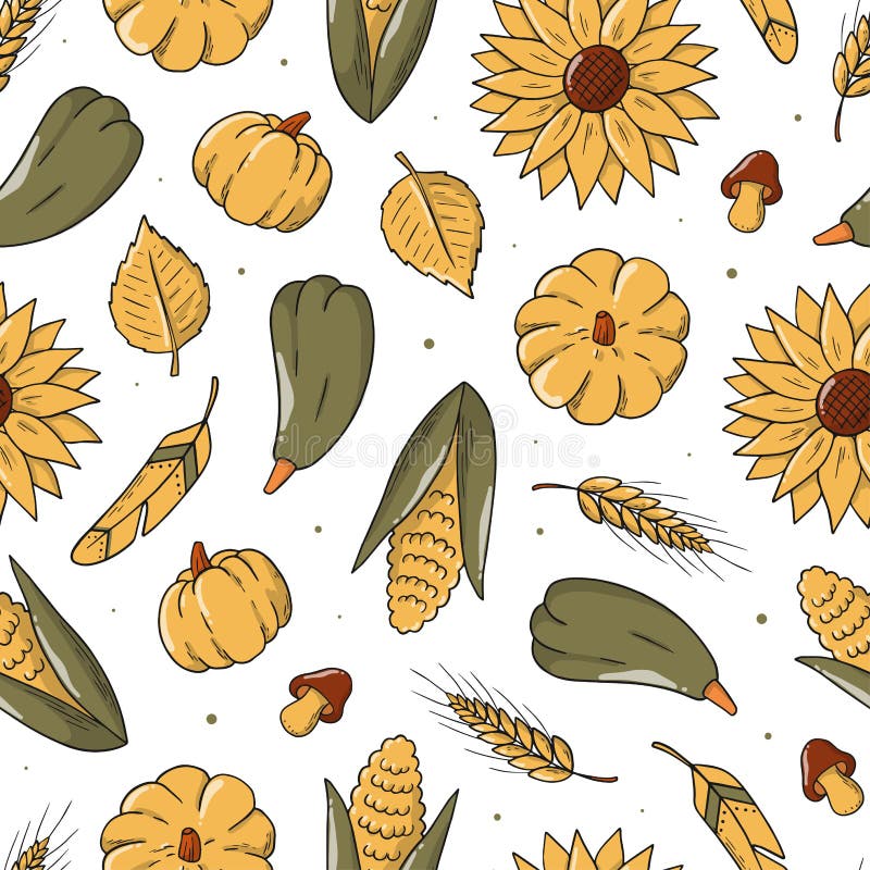 Thanksgiging, Harvest, Agriculture Seamless Pattern with Doodles Stock ...