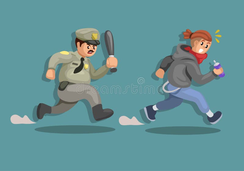 Police Chasing Bad Boy Vandalism. Criminal Activity Illustration Vector ...
