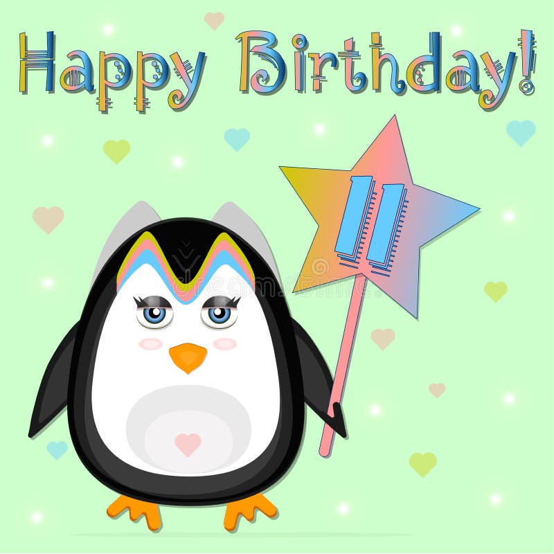 Colorful Penguin Card Birthday on Eleven Years Stock Vector ...