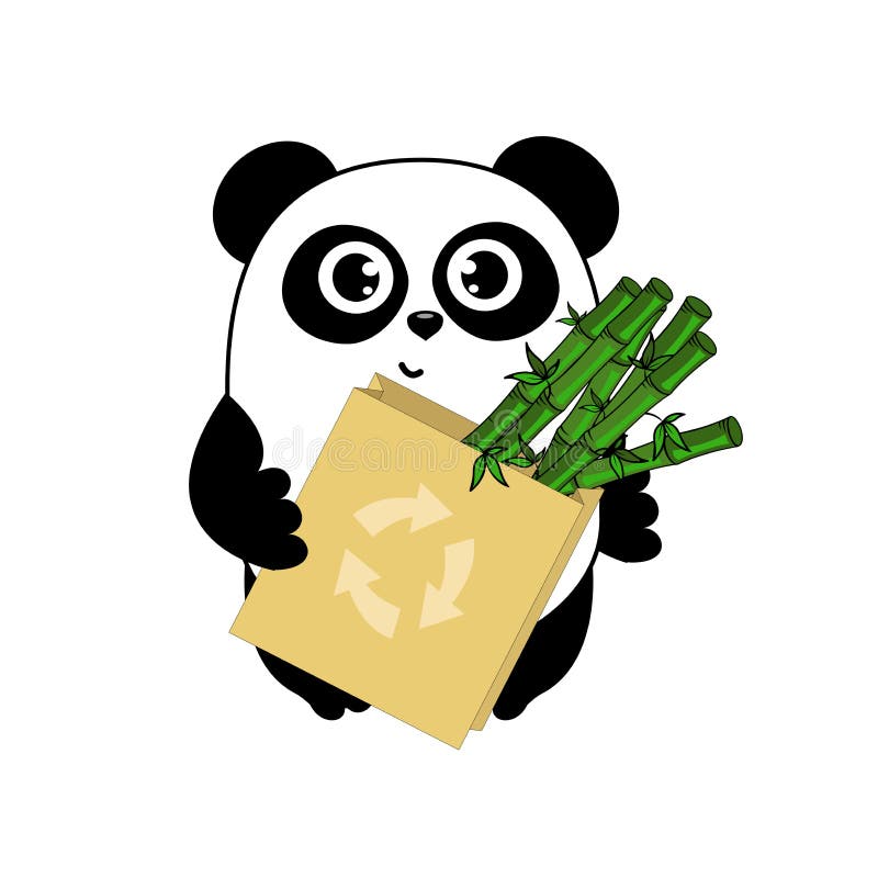 Cute Cartoon Panda with Bamboo Eco Bag and Recykling Sign. Funny ...