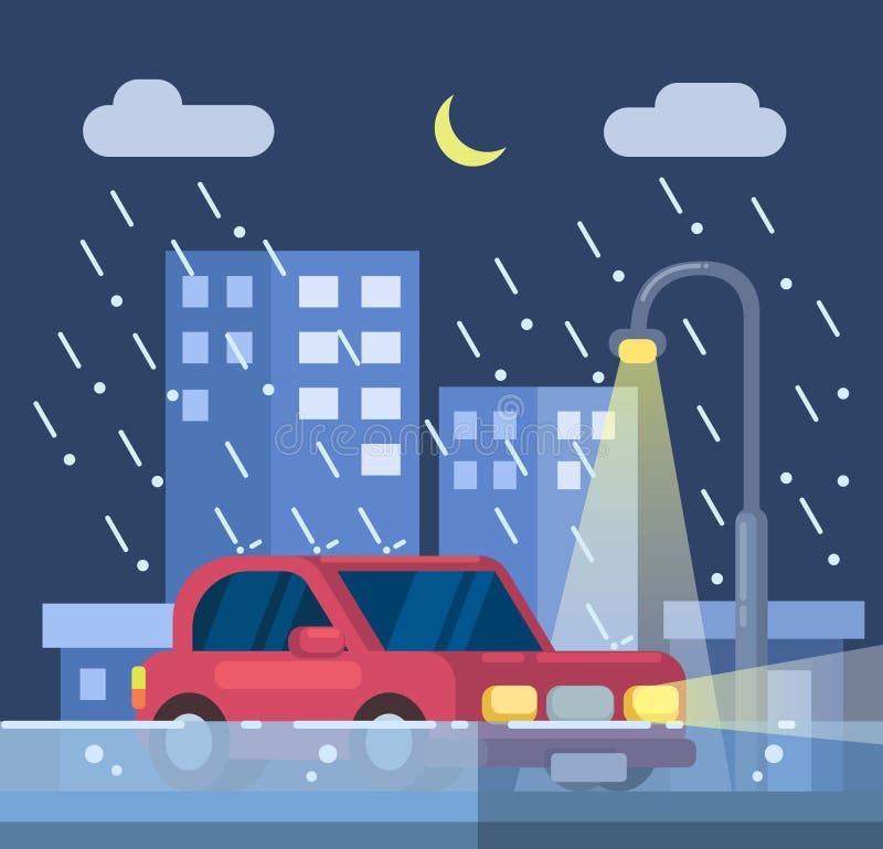 Car at Raining Night and Flood Disaster Scene Illustration Vector Stock ...