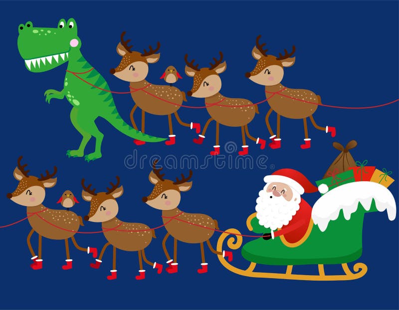 Santa Rides a Sleigh with Reindeers and a Trex Dinosaur. Stock Vector ...