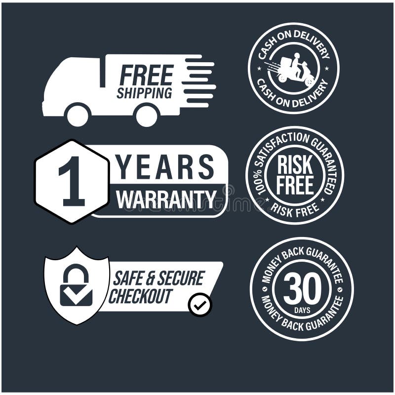 E Commerce Vector Icon Set Including ,free Shipping, 1 Year Warranty, Risk Free, 30 Days Money ...