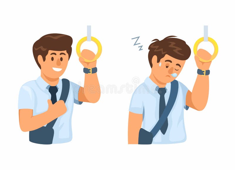 Man Worker on Train Fit and Tired and Sleepy Character Set Illustration ...
