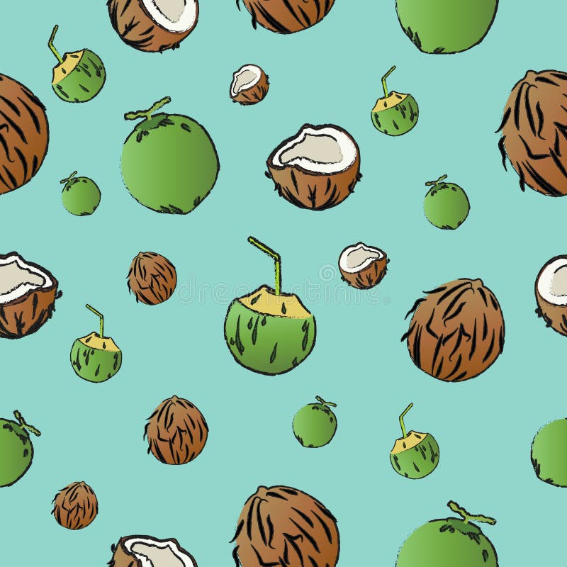 Brown and Green Coconut Pattern Seamless Vector on Blue Pastel Color ...
