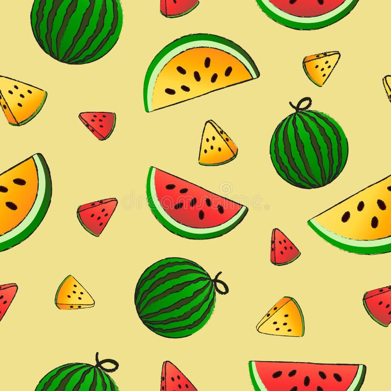 Red and Yellow Watermelon Pattern Seamless Vector on Yellow Pastel ...