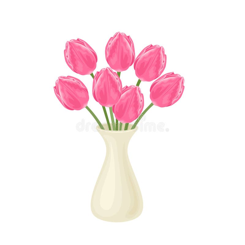 Pink Tulips in White Vase Isolated. Vector Illustration of Spring ...